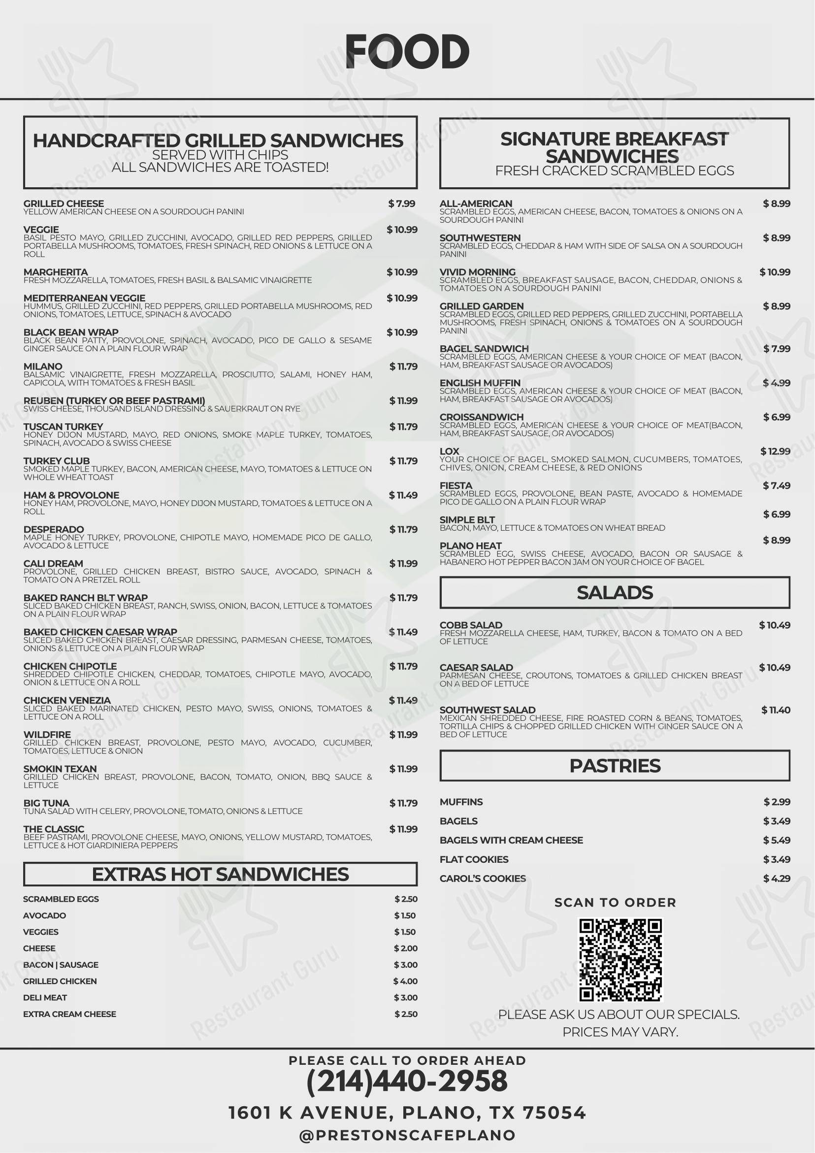 Menu at Preston's Cafe, Plano