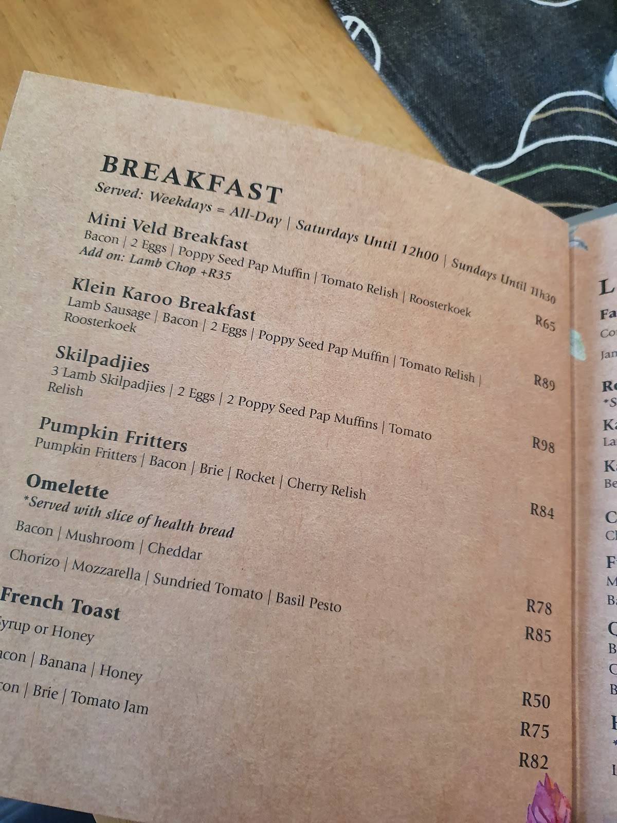 Menu at Karoo Cafe, Pretoria, 141 Lynnwood Rd