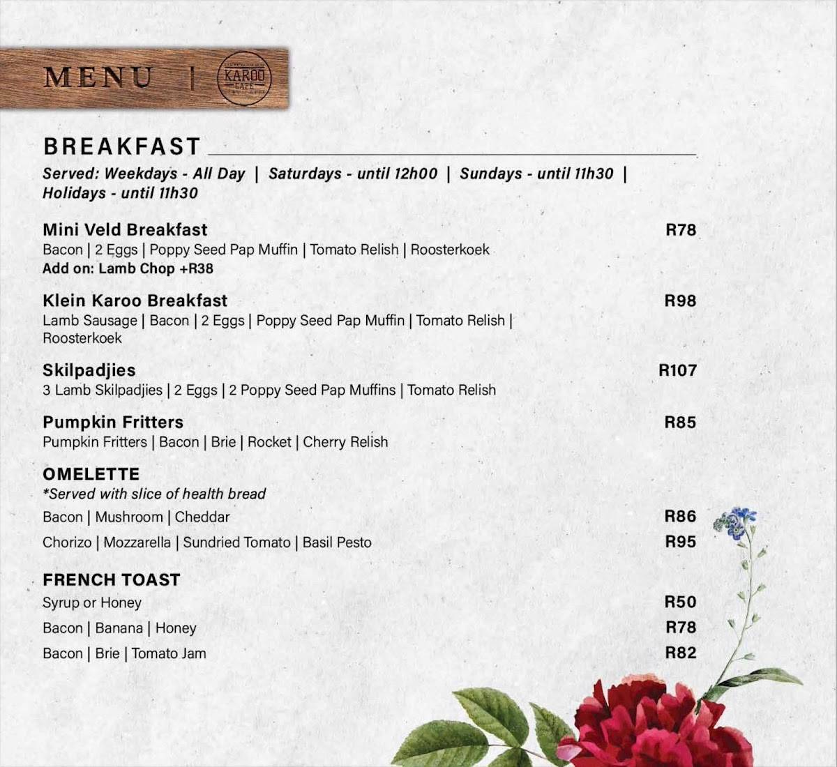 Menu at Karoo Cafe, Pretoria, 141 Lynnwood Rd