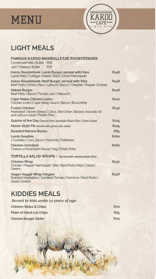 Menu at Karoo Cafe, Pretoria, 141 Lynnwood Rd