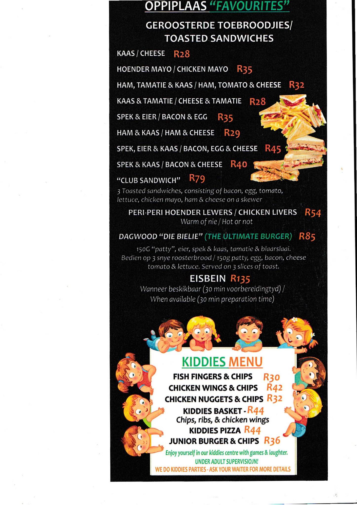 Menu at Oppiplaas restaurant, Pretoria