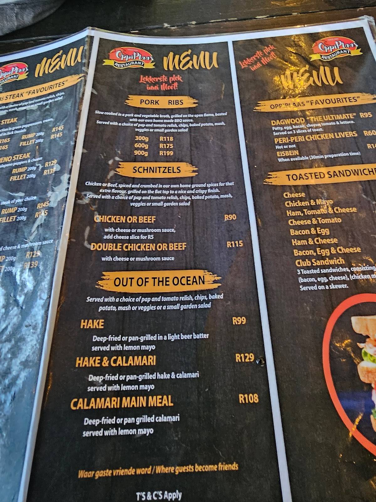 Menu at Oppiplaas restaurant, Pretoria