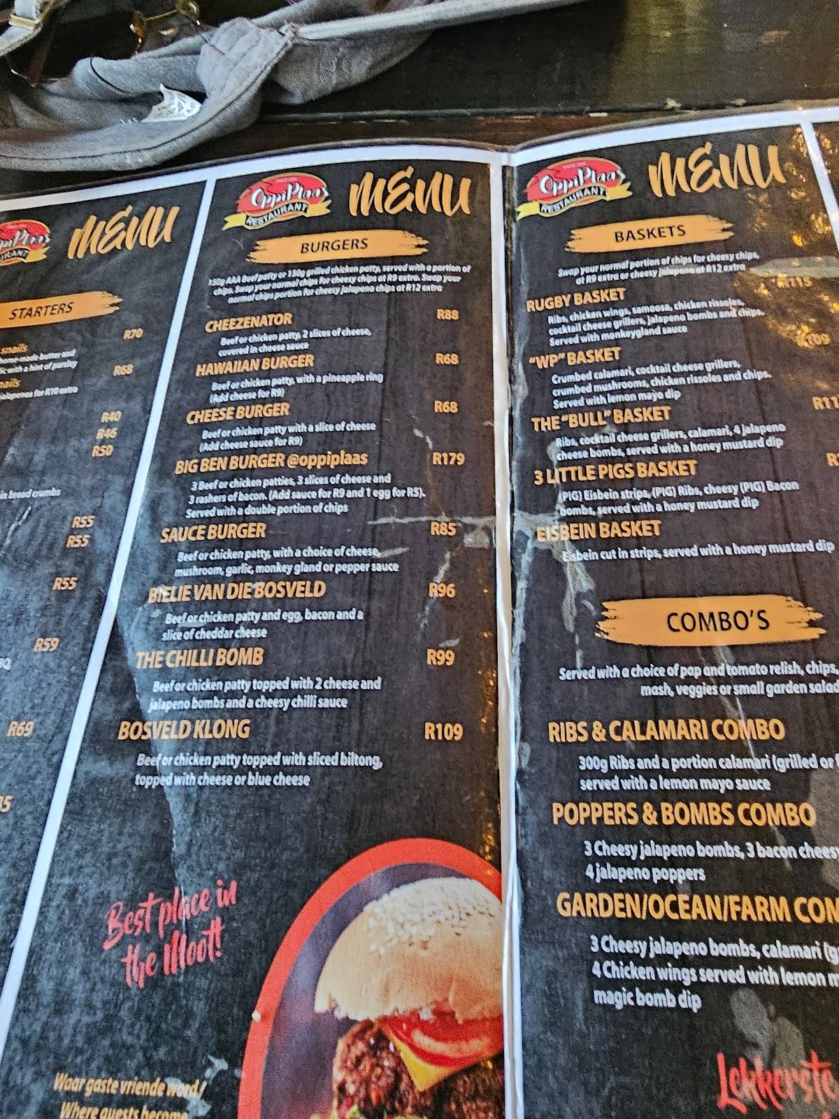 Menu at Oppiplaas restaurant, Pretoria