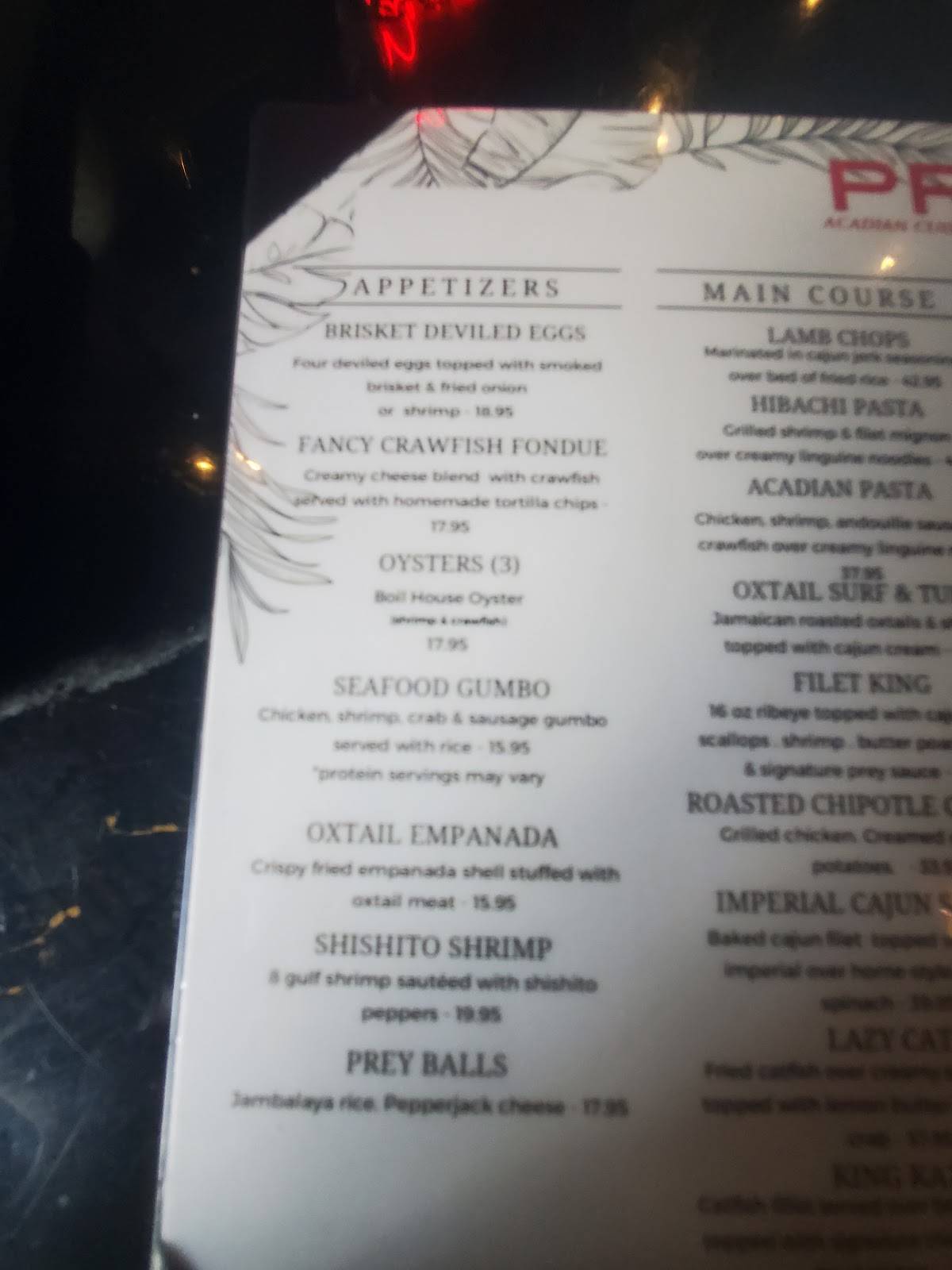 Menu at Prey restaurant, Houston