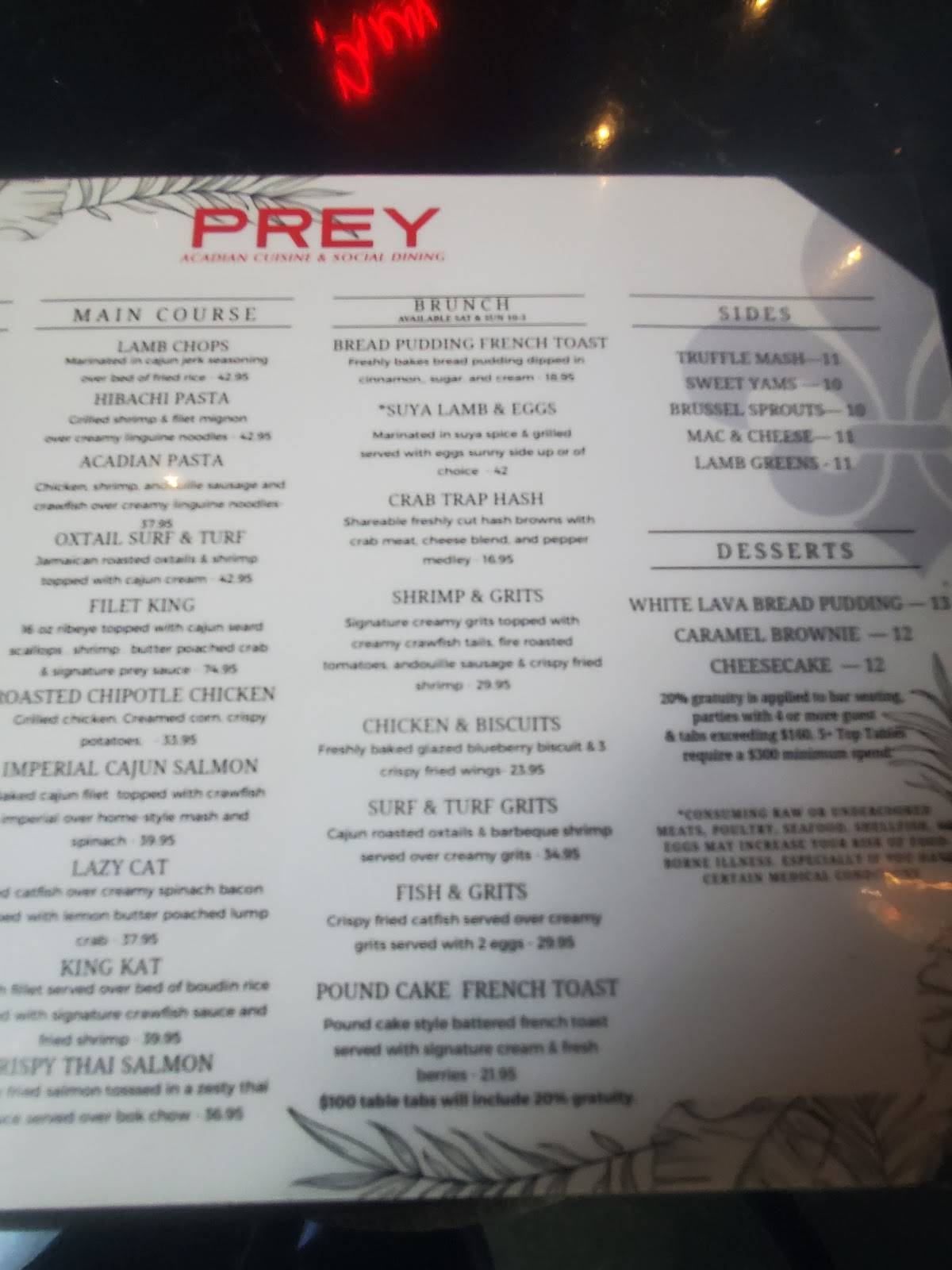 Menu at Prey restaurant, Houston