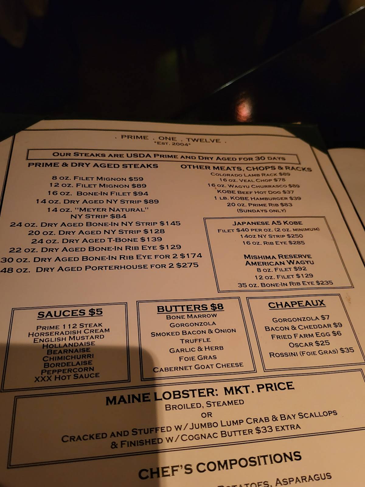 Menu at Prime 112 Restaurant, Miami Beach