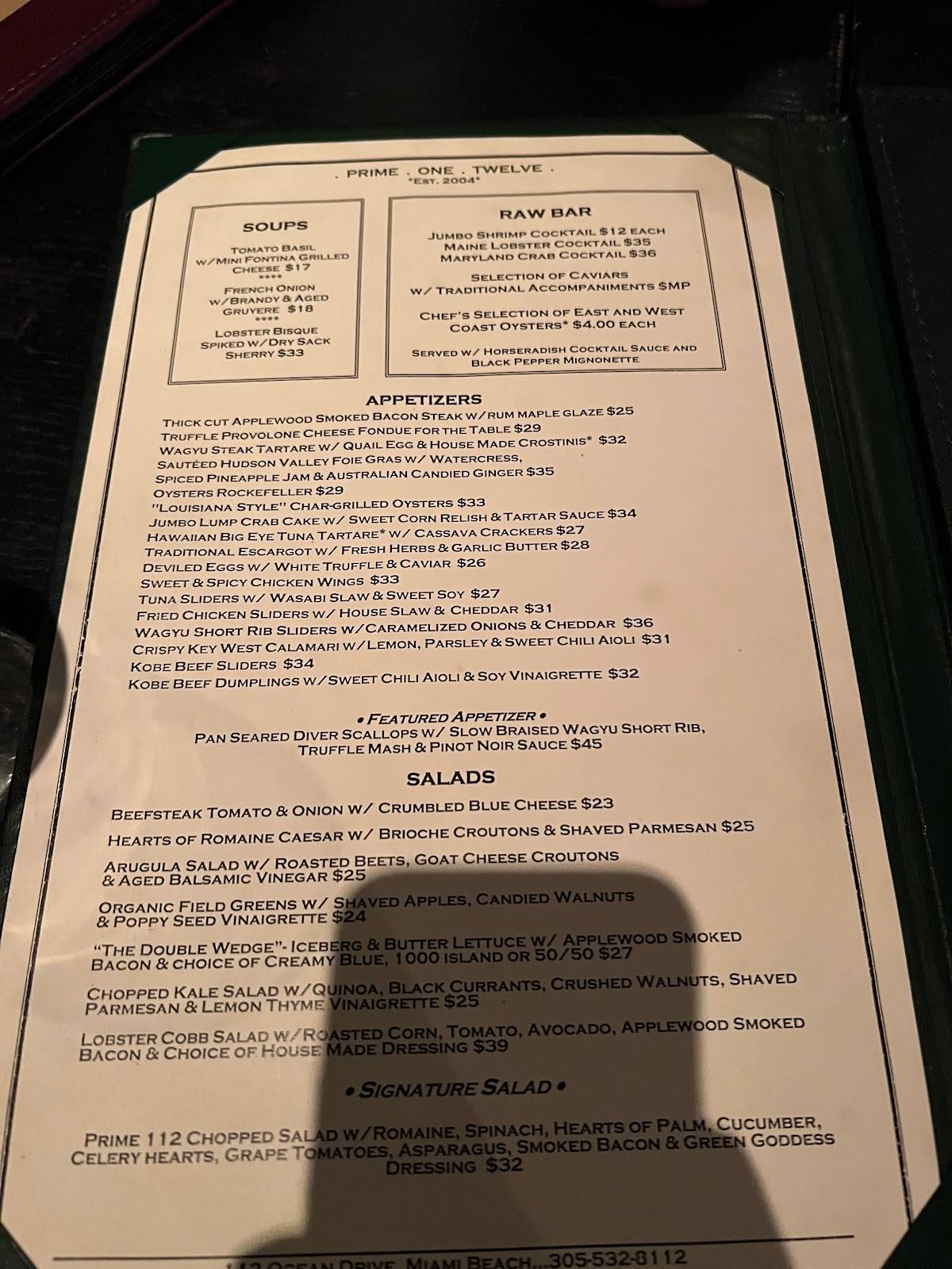 Menu at Prime 112 Restaurant, Miami Beach