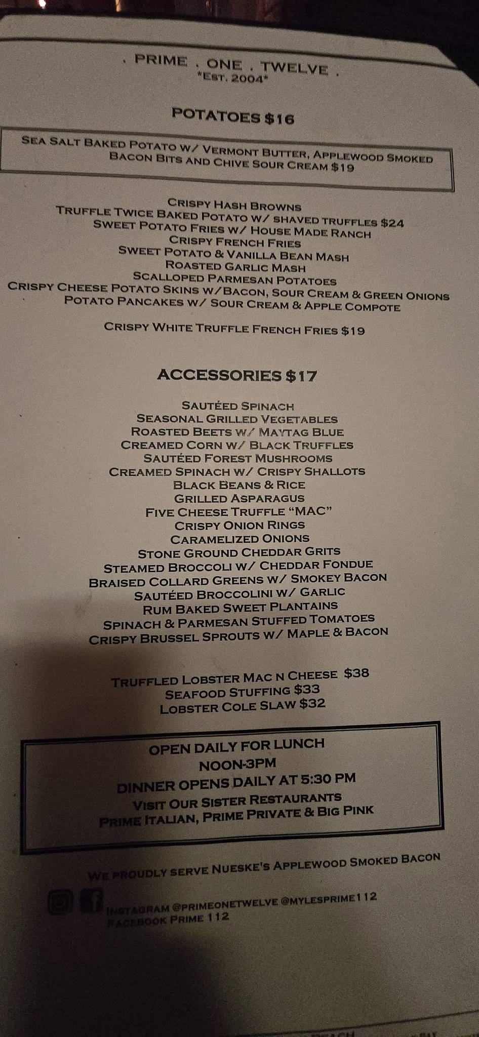 Menu at Prime 112 Restaurant, Miami Beach