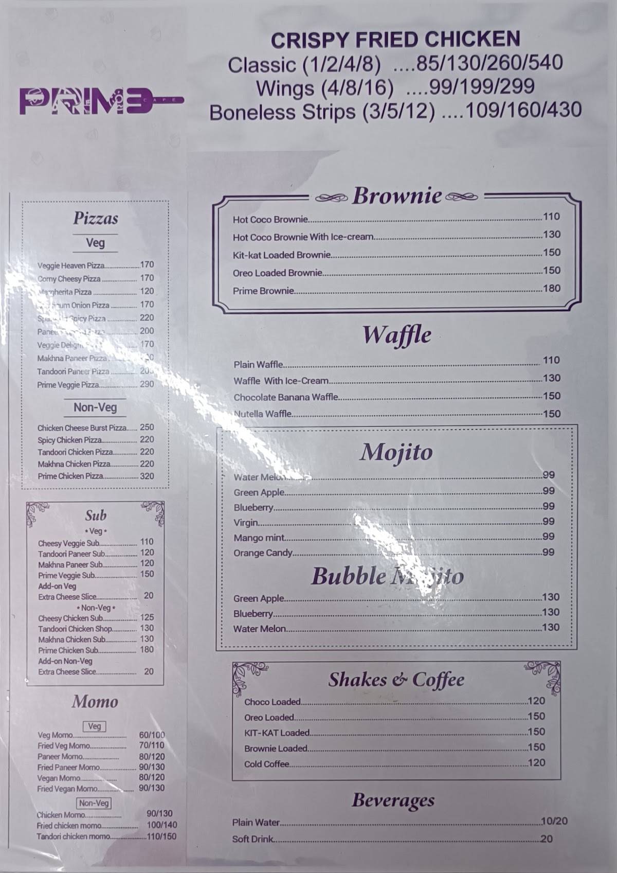 Menu at Prime Cafe, Varanasi