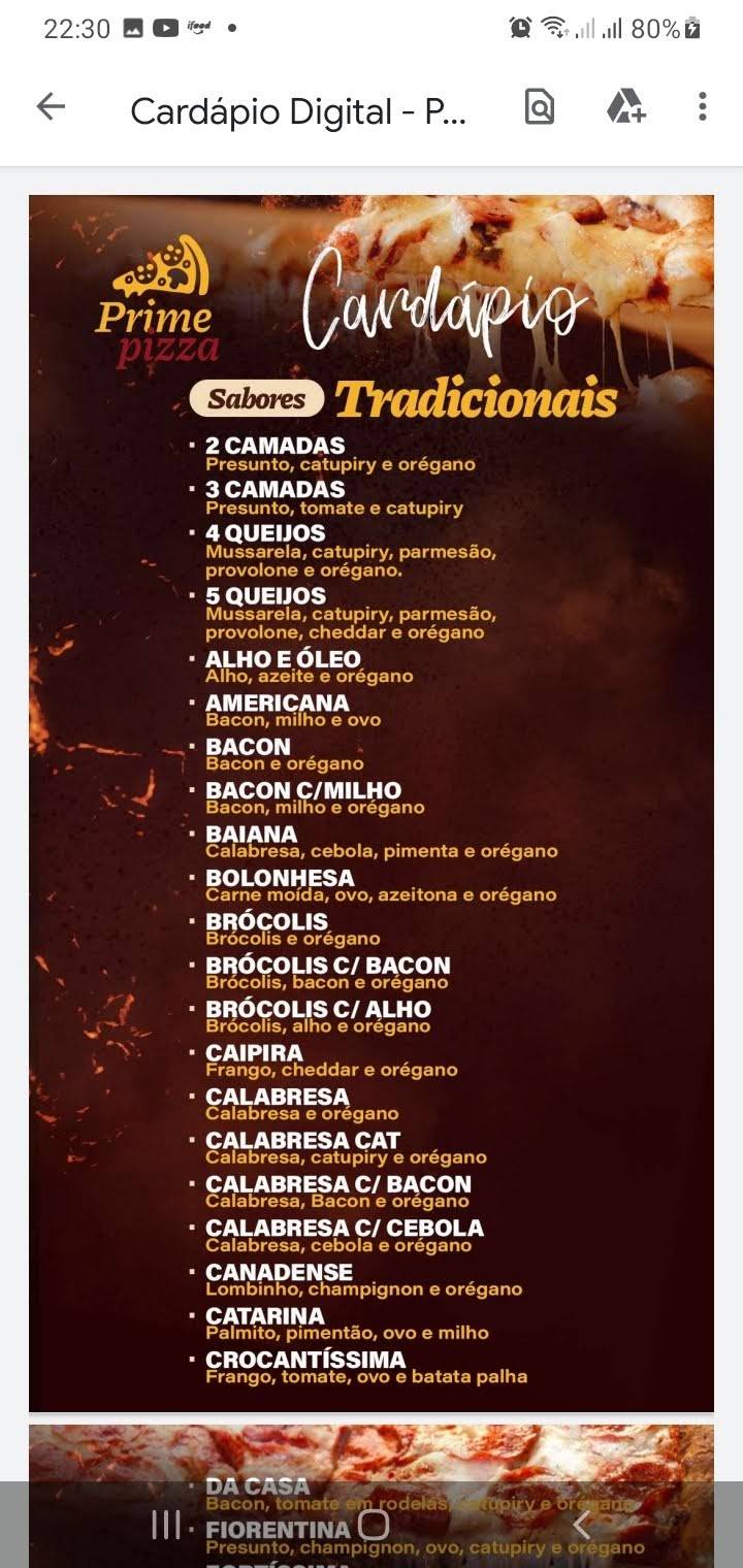 Menu em Pizzaria Prime Pizza - Araquari, Joinville