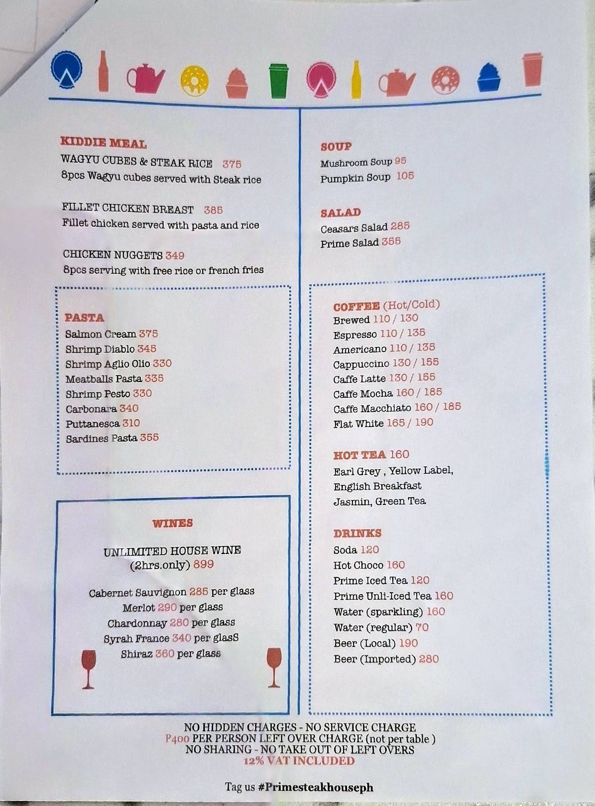 Menu at Prime Steak House steakhouse, Olongapo