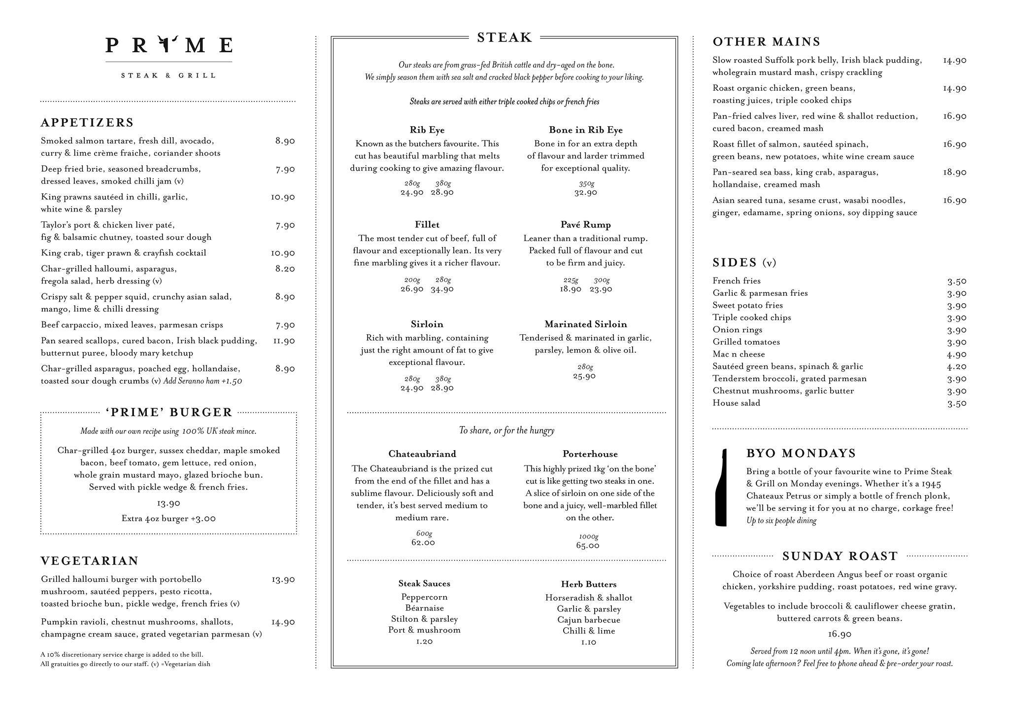 Menu at Prime Steak and Grill steakhouse, St Albans, 83-85 London Rd