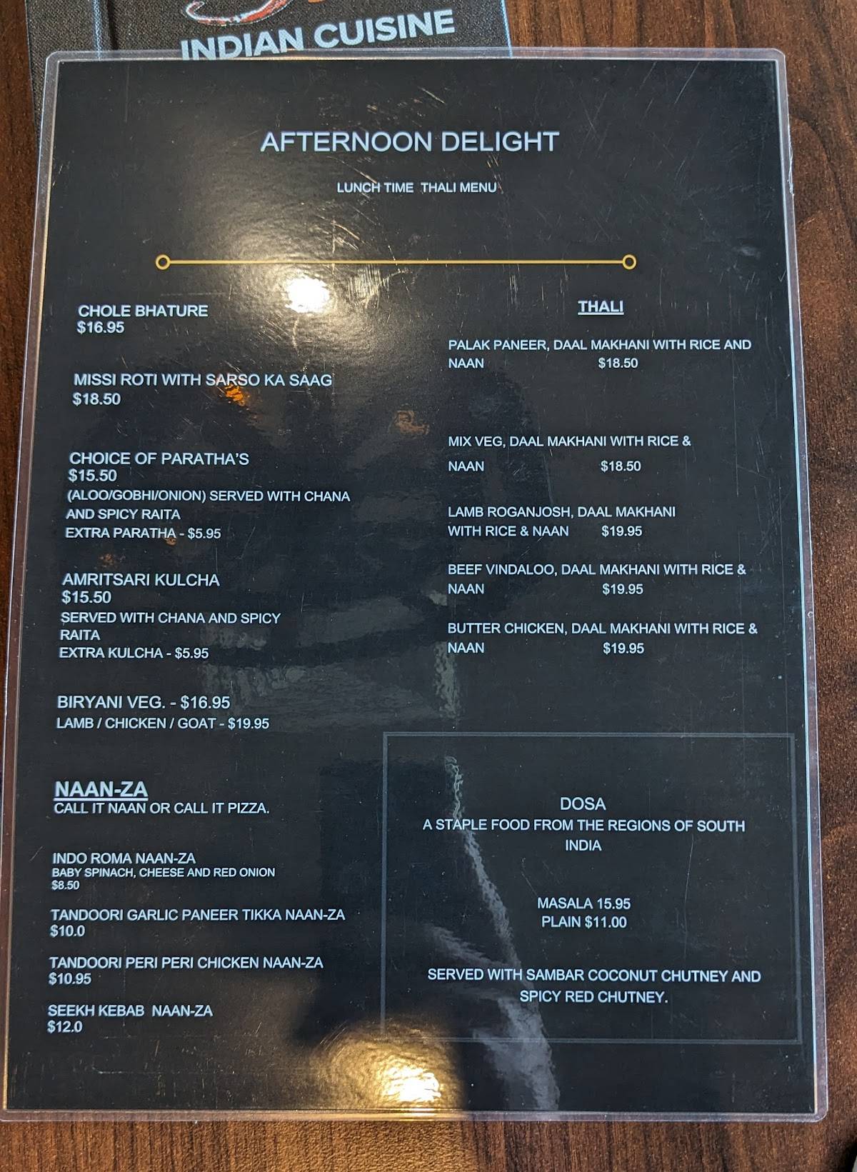 Carta del restaurante Priya, Point Cook