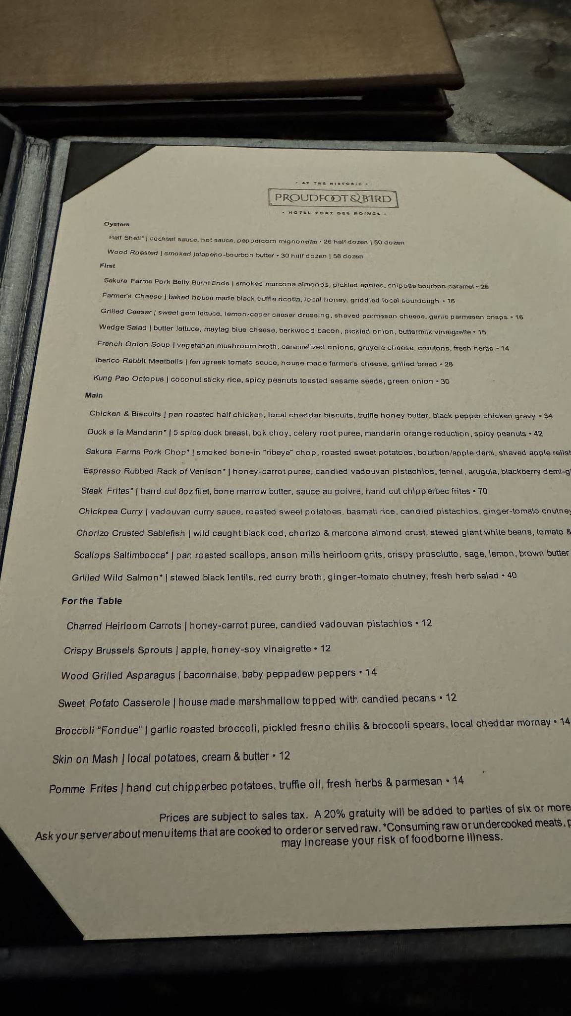 Menu at Proudfoot & Bird steakhouse, Des Moines