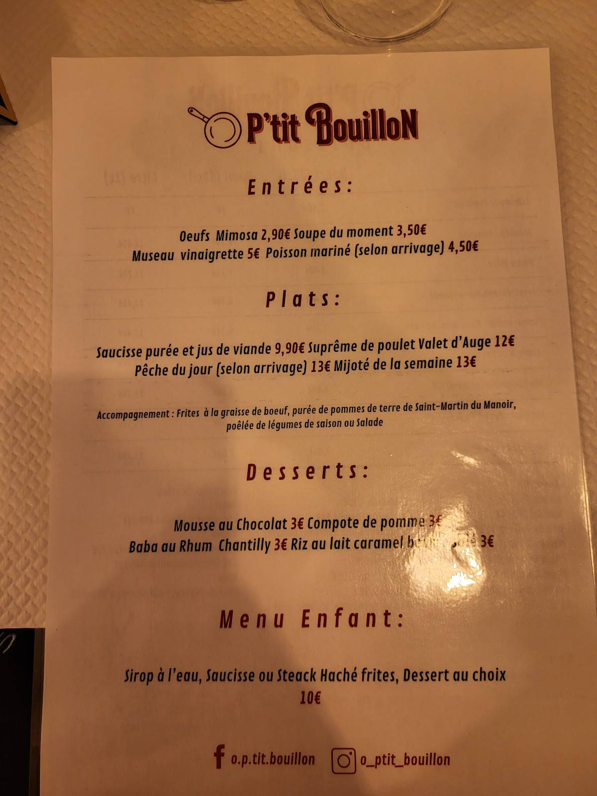 Menu au P'tit Bouillon - LH restaurant, Le Havre