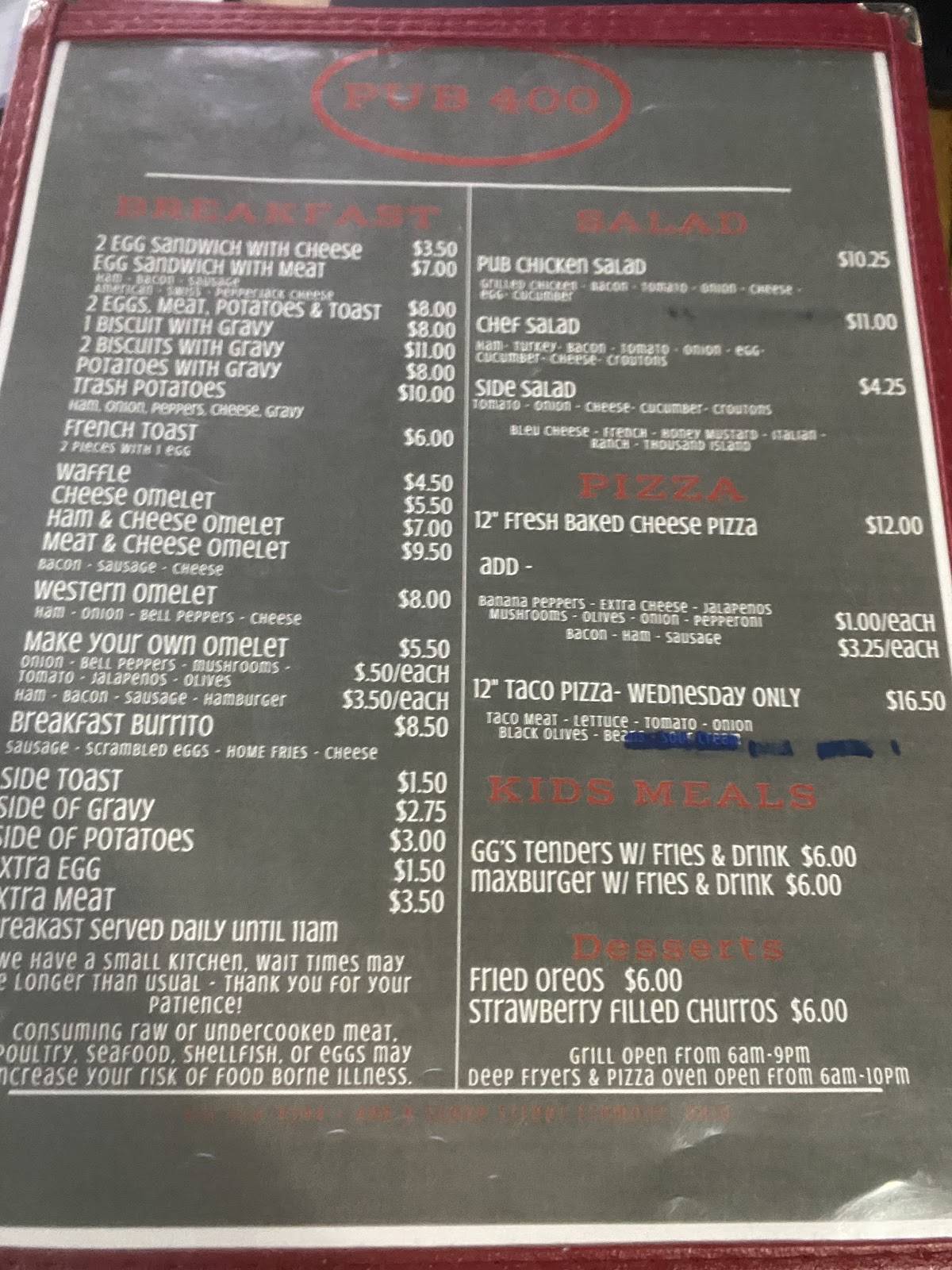 Menu at Pub 400, Fremont