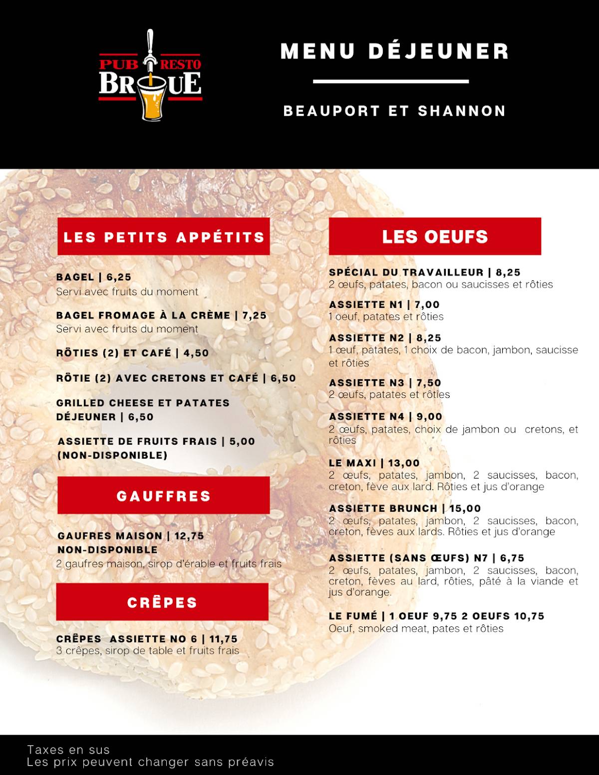 Carta de Pub Resto Broue Beauport, Quebec