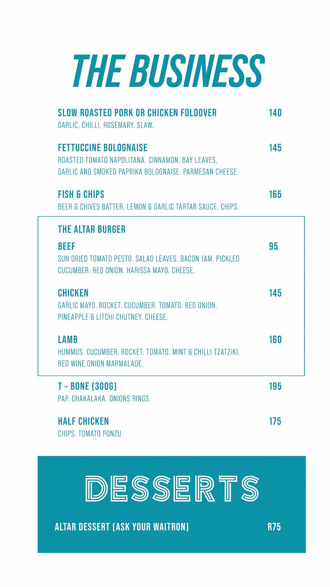 Menu at Altar Bar, Randburg