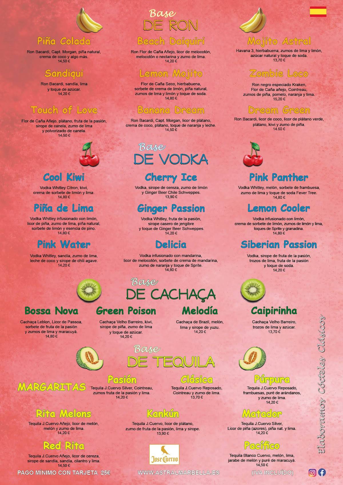Menu at Astral Bar Coctelería, Marbella
