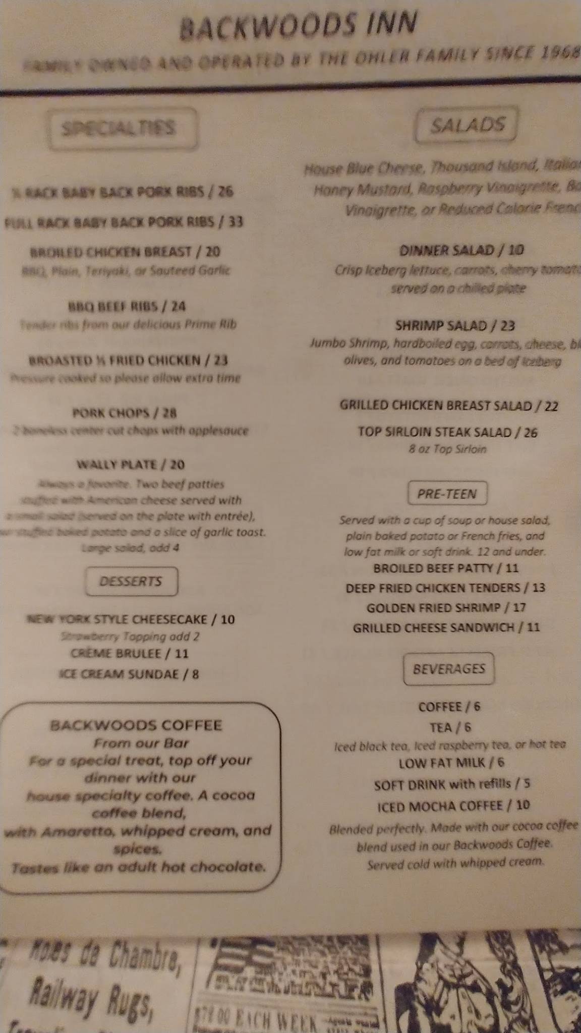 Menu at Backwoods Inn pub & bar, Santa Clarita