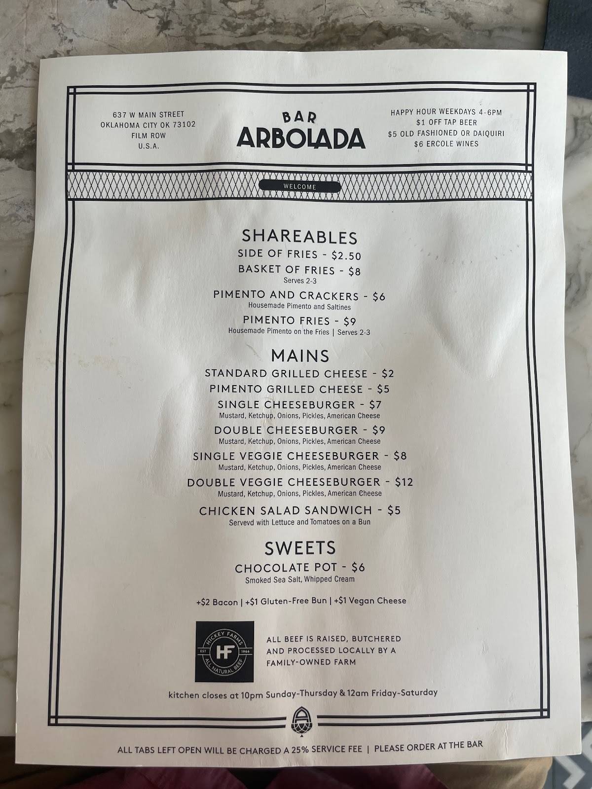 Menu at Bar Arbolada, Oklahoma City
