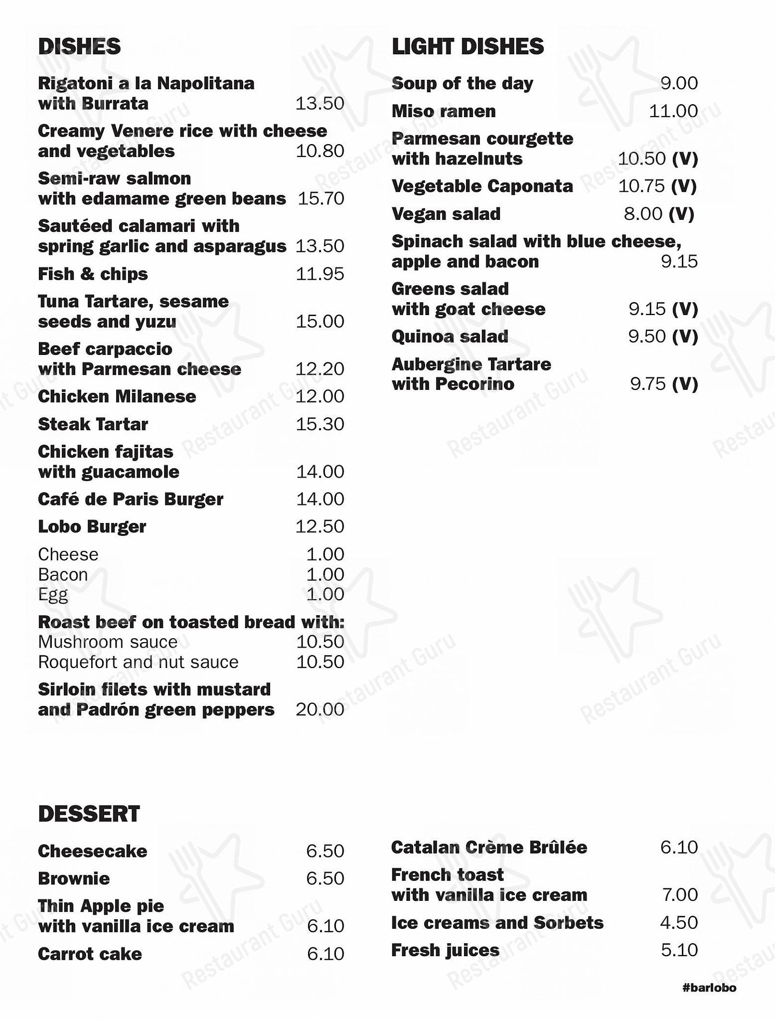 Menu at Bar Lobo, Barcelona
