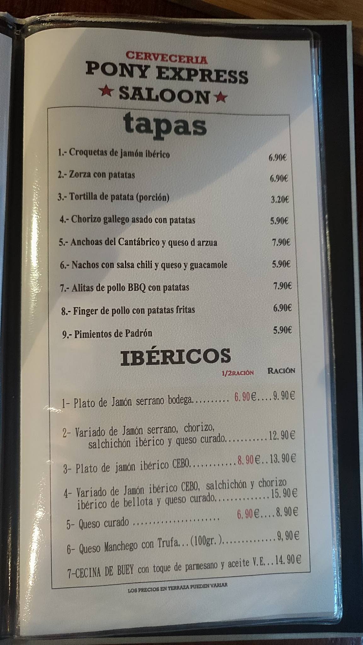 Menu at Bar Pony Express, Tui
