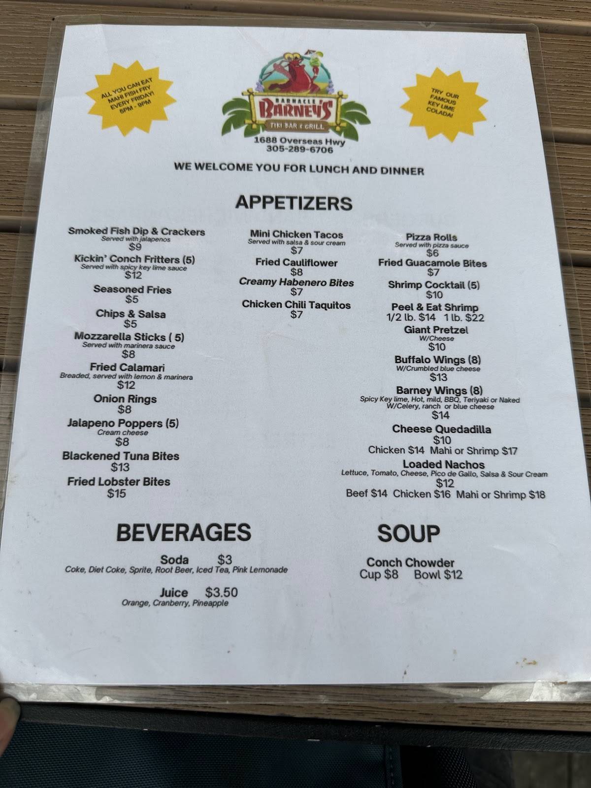 Menu at Barnacle Barney's Tiki Bar and Grill, Marathon