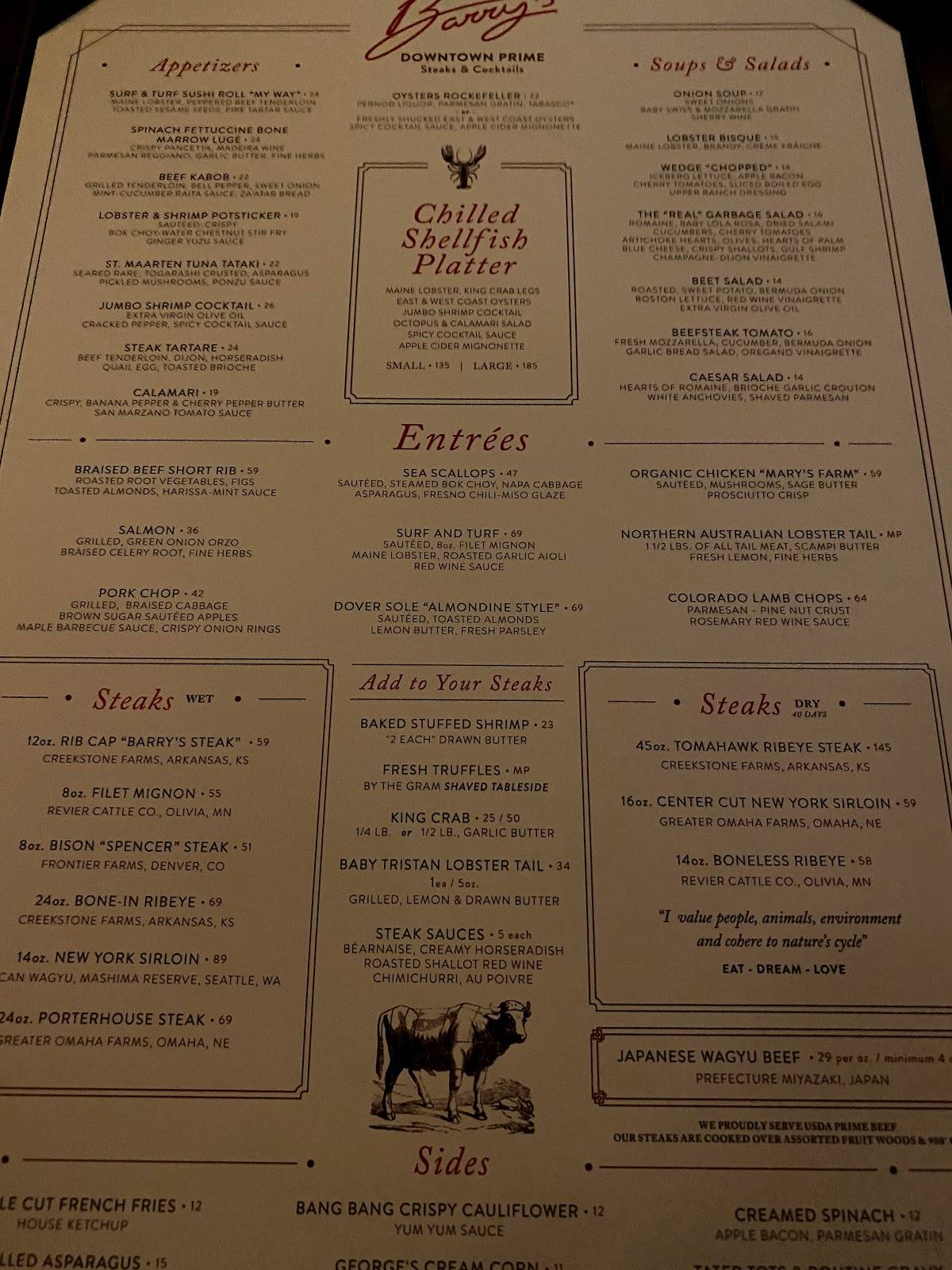 Menu at Barry's Downtown Prime, Las Vegas