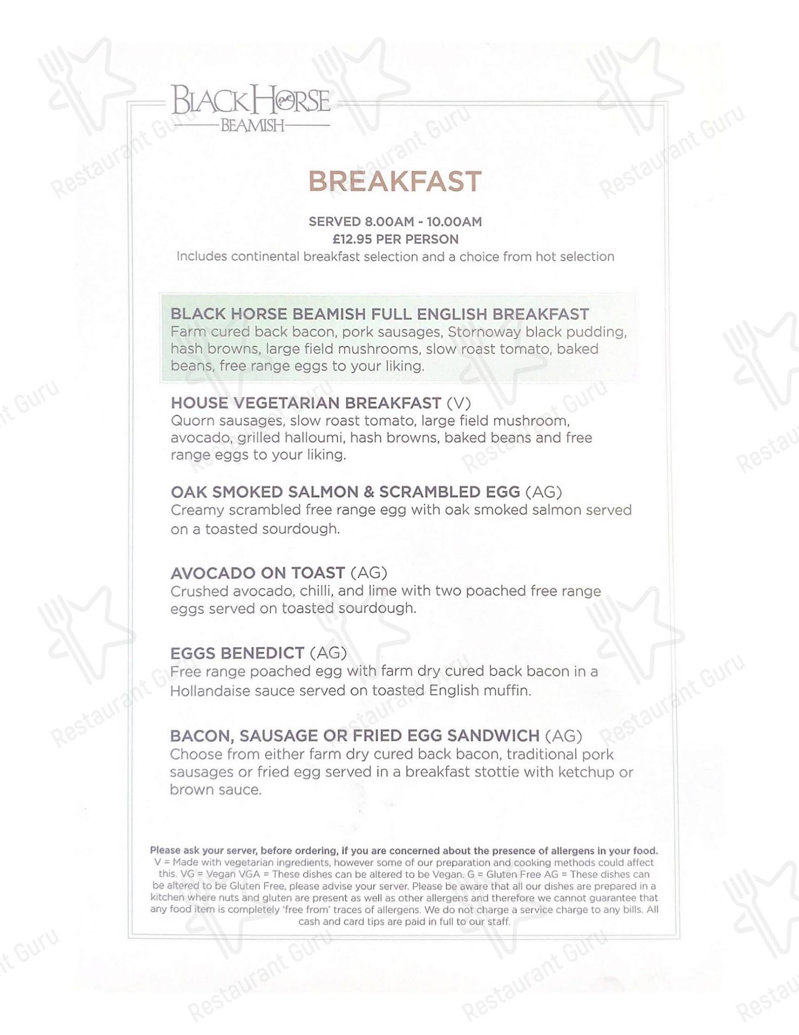 Menu at Black Horse Beamish pub & bar, Stanley, Red Row