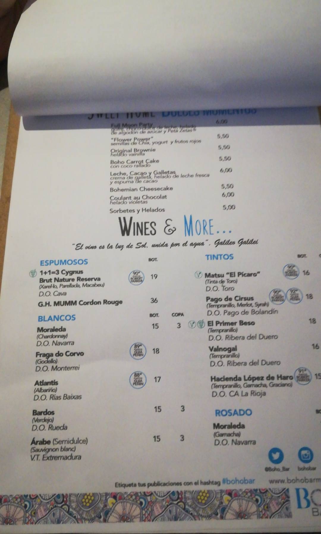 Carta de Boho Bar, Madrid