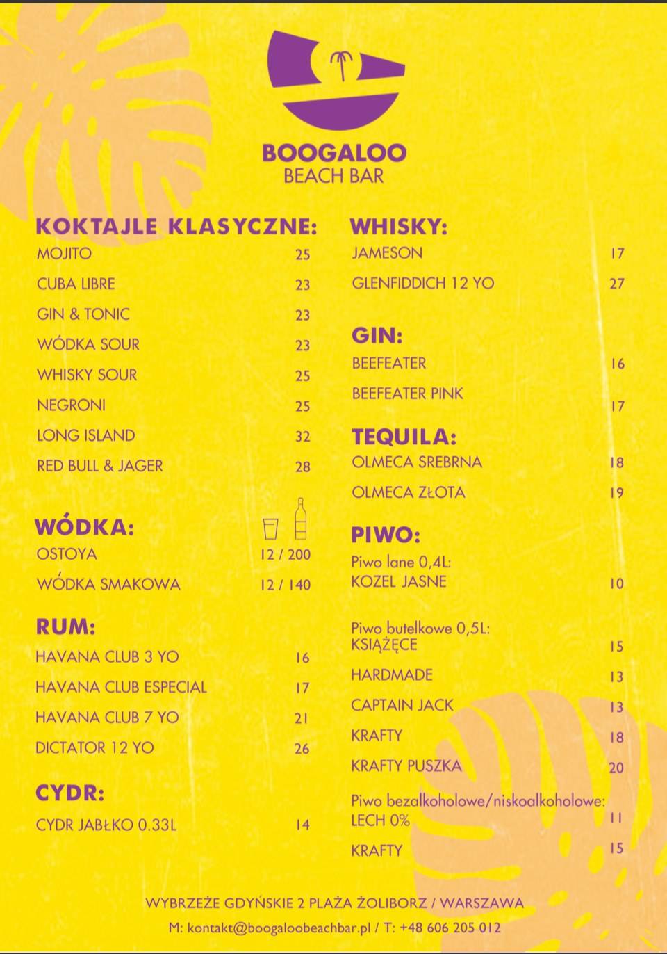 Carta de Boogaloo Beach Bar, Varsovia