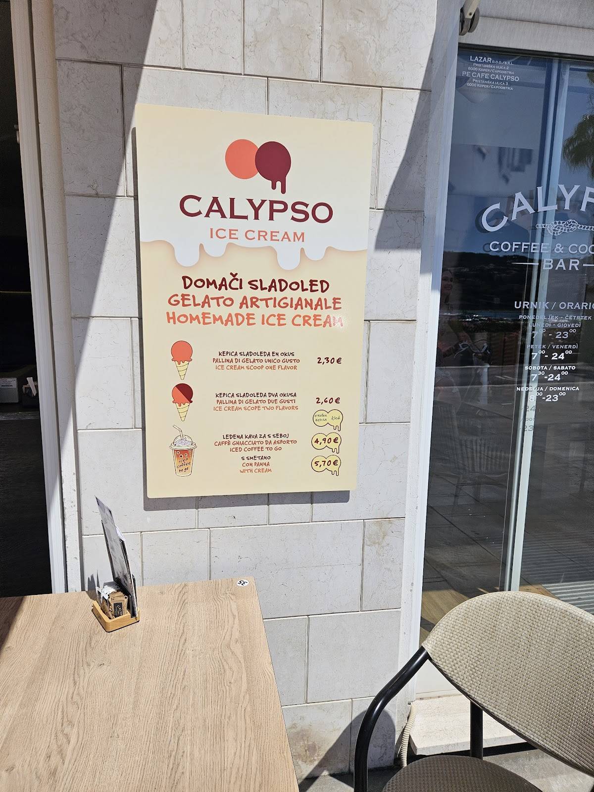 Menu at Calypso bar, Koper