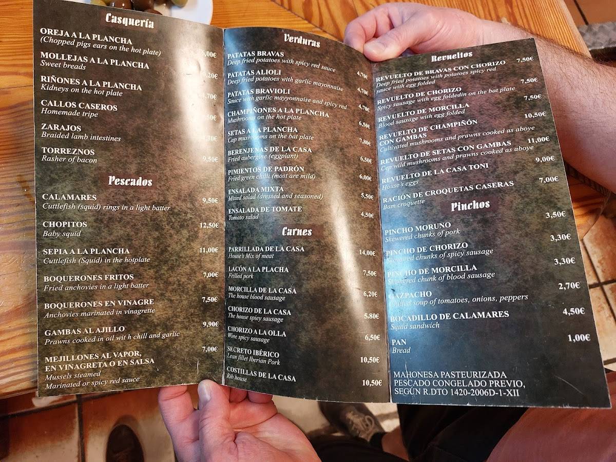 Menu at Casa Toni pub & bar, Madrid