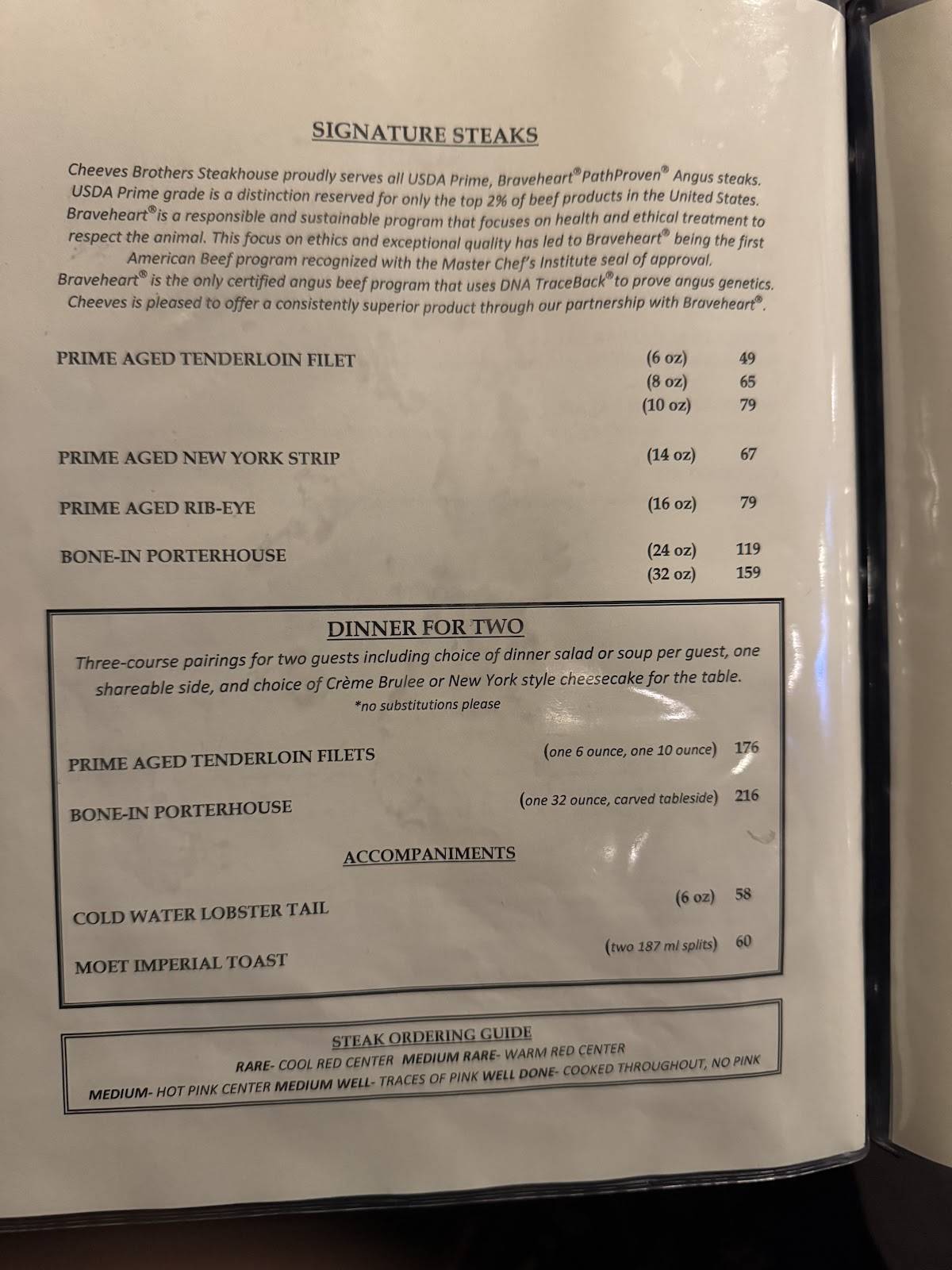 Menu at Cheeves Brothers Steakhouse, Temple