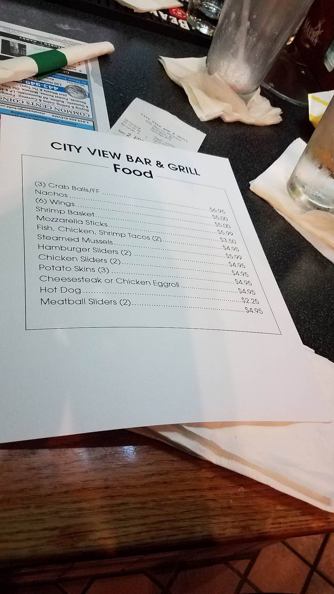 Menu at City View Bar & Grill, Baltimore
