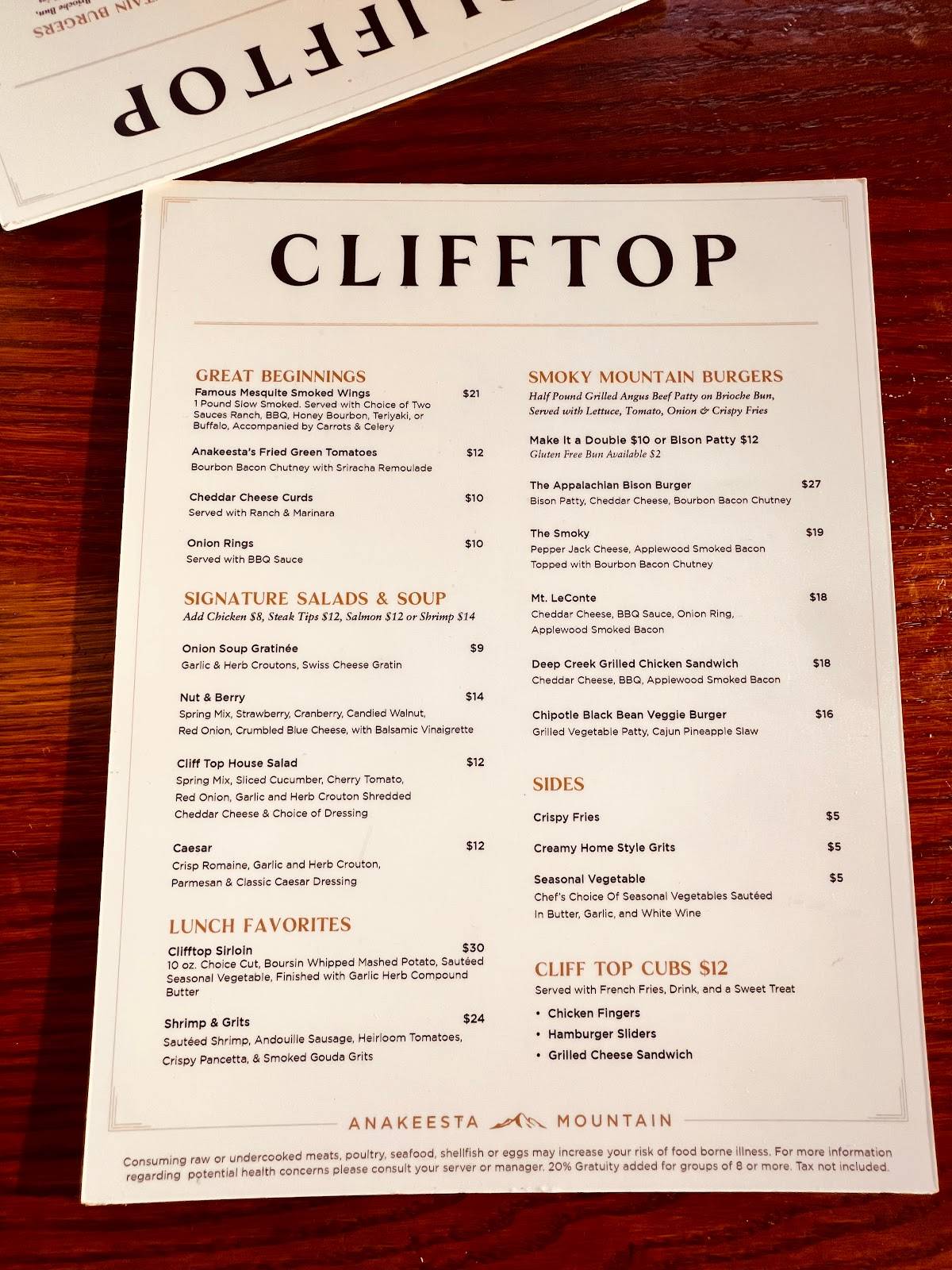 Menu at Cliff Top Restaurant at Anakeesta, Gatlinburg