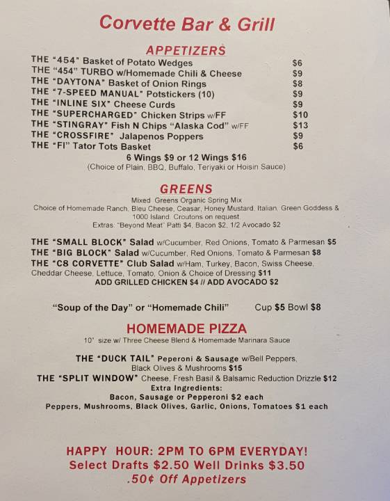 Menu at Corvette Bar & Grill, Grants Pass