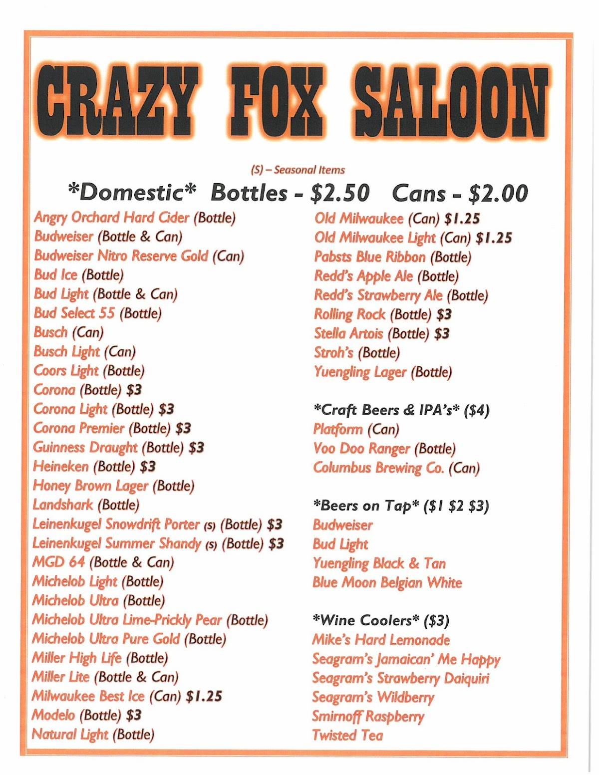 Menu at Crazy Fox Saloon pub & bar, Bucyrus
