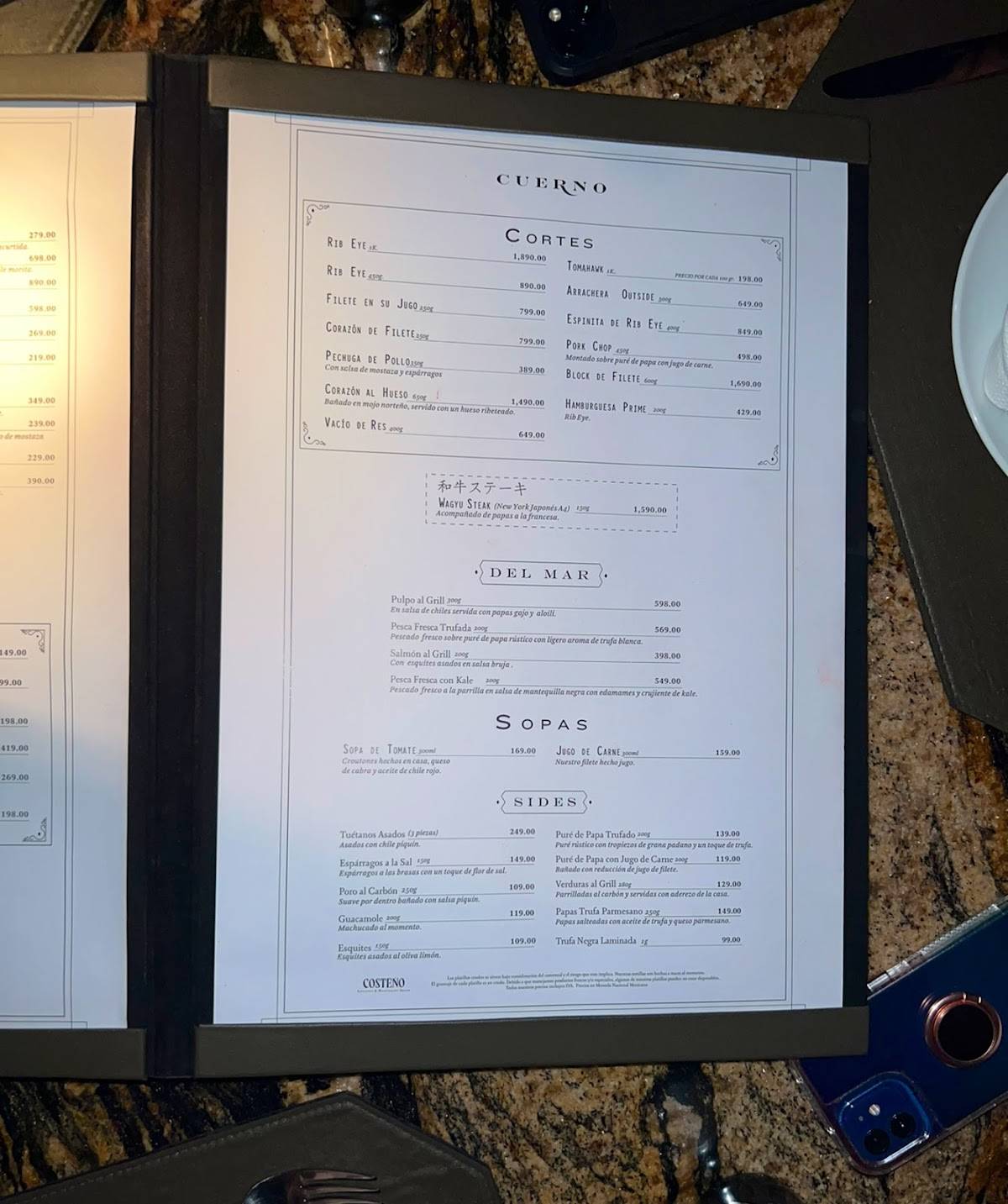 Carta de parrilla Cuerno - CDMX, Ciudad López Mateos