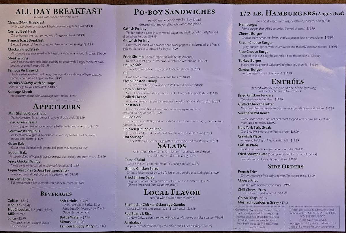 Menu at Déjà Vu Restaurant & Bar, New Orleans