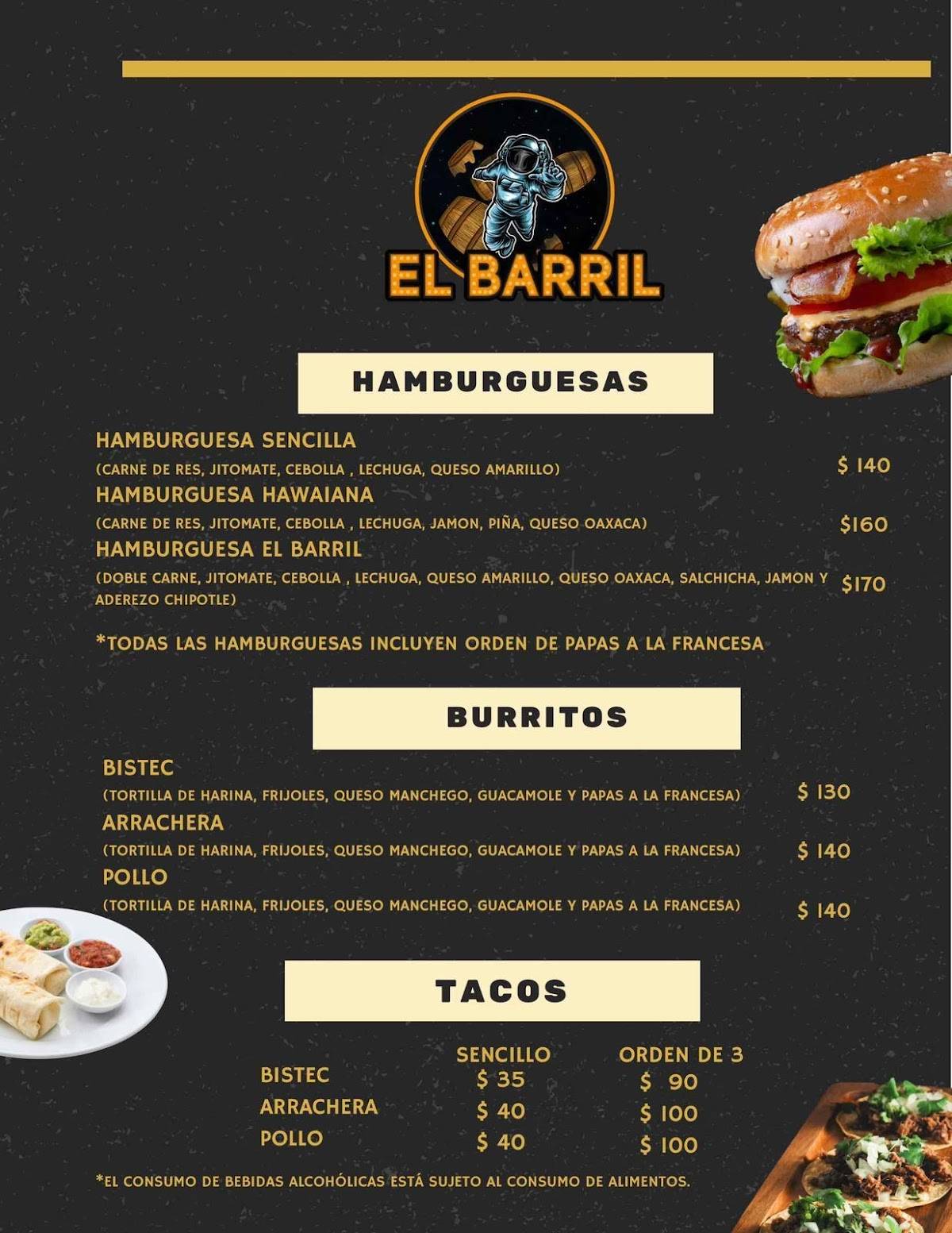 Menu at El Barril Tezontle, Mexico City