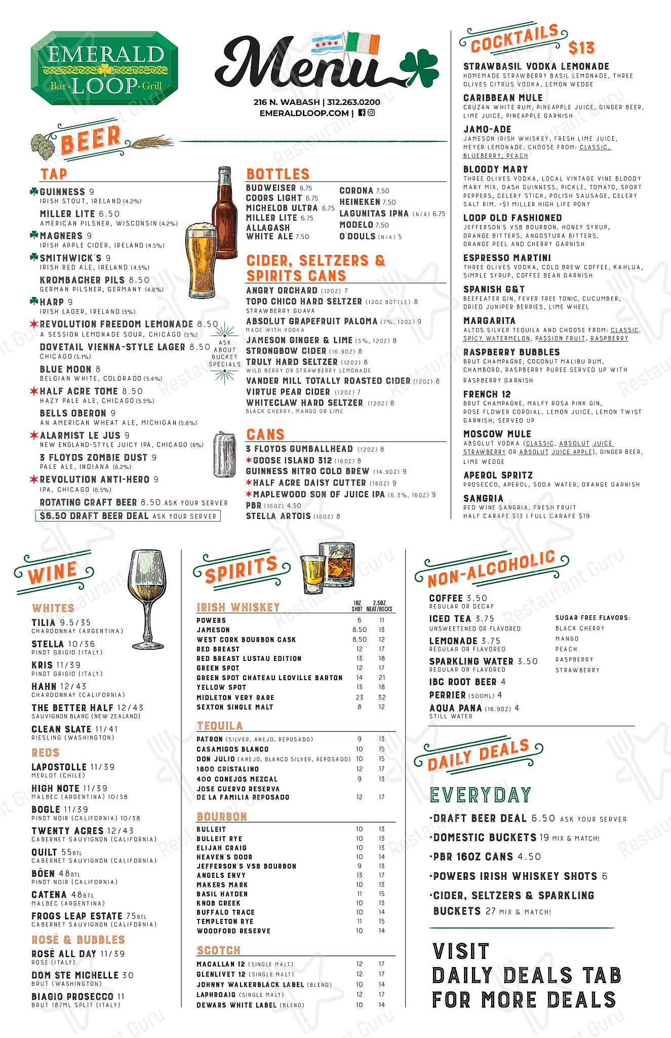 Меню Emerald Loop Bar & Grill, Чикаго