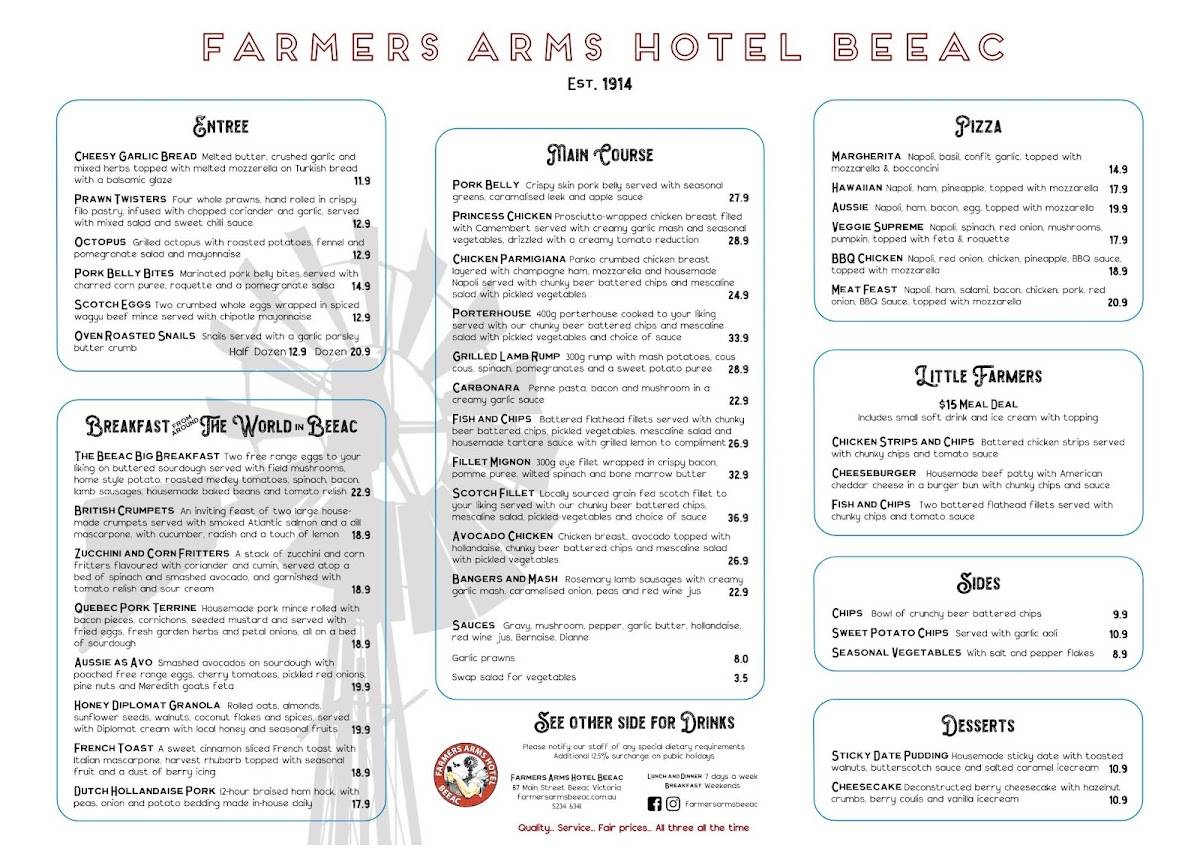 Menu at Farmers Arms Hotel Beeac pub & bar, Beeac