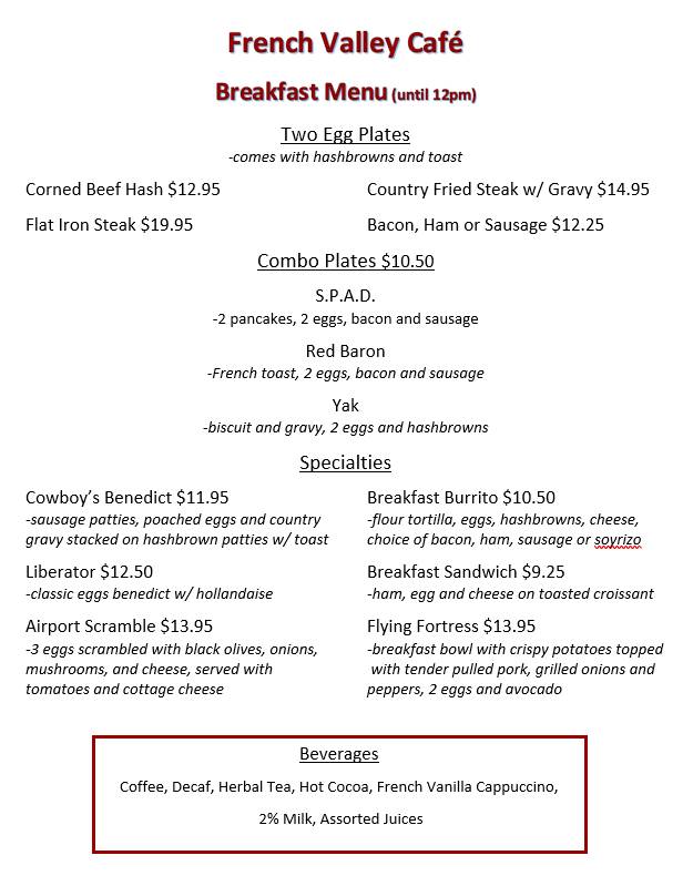 Menu at French Valley Cafe, Murrieta, 37600 Sky Canyon Dr
