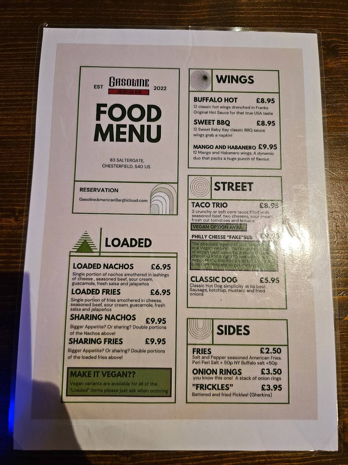 Menu at Gasoline American Bar, Chesterfield