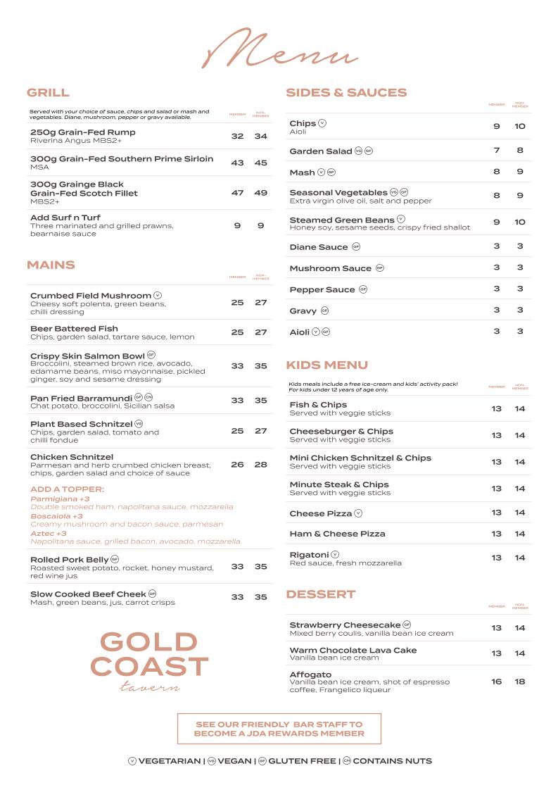 Menu at Gold Coast Tavern pub & bar, Bundall