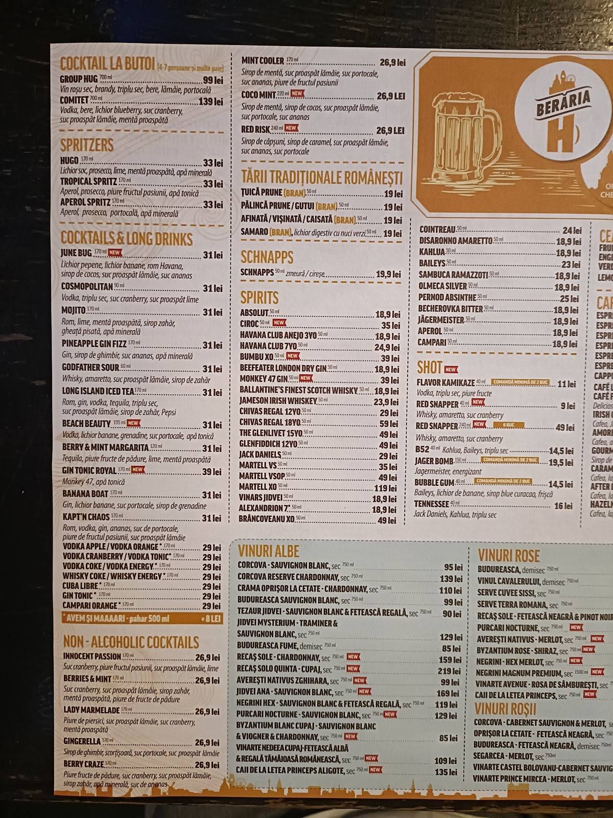 Menu at Grill H, Bucharest