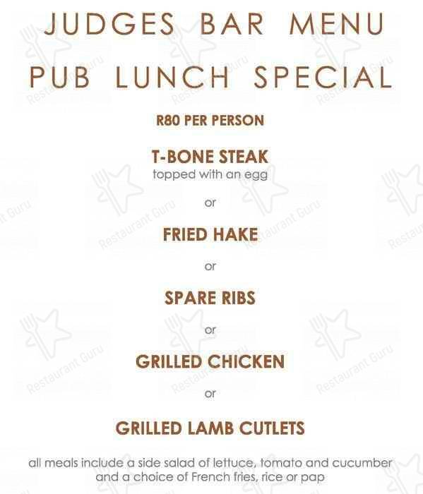 Menu at Judges Bar, Bloemfontein