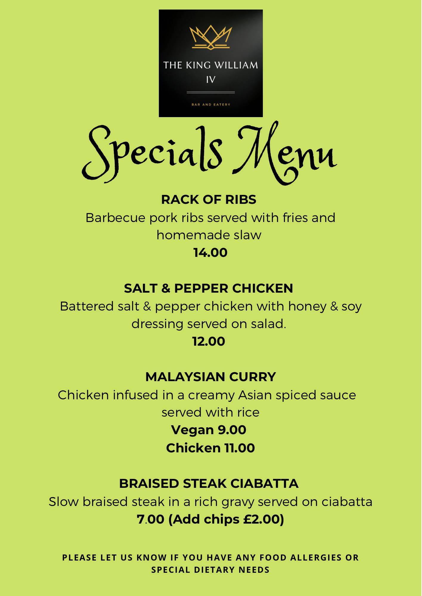 Menu at King William IV Hotel pub & bar, Oldham